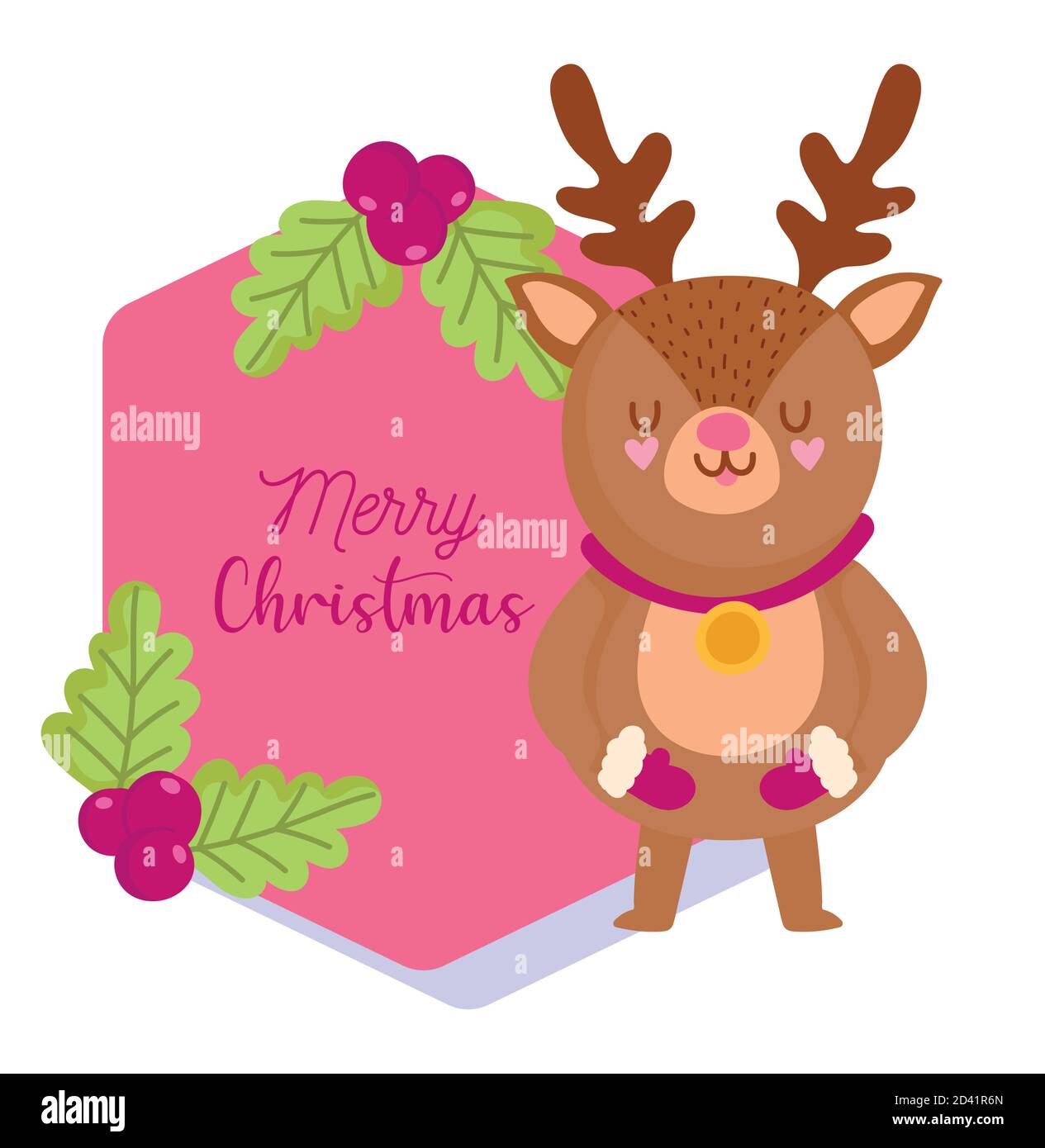 merry christmas, reindeer foliage decoration celebration card vector ...