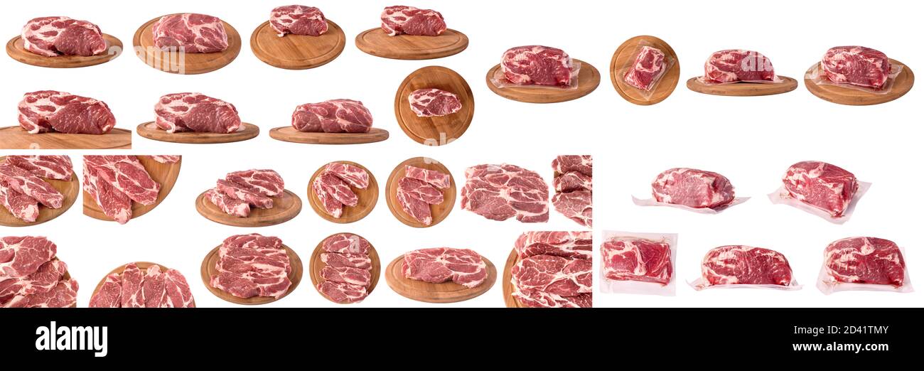 Raw, uncooked pork meat isolated on white background. A large set of ...