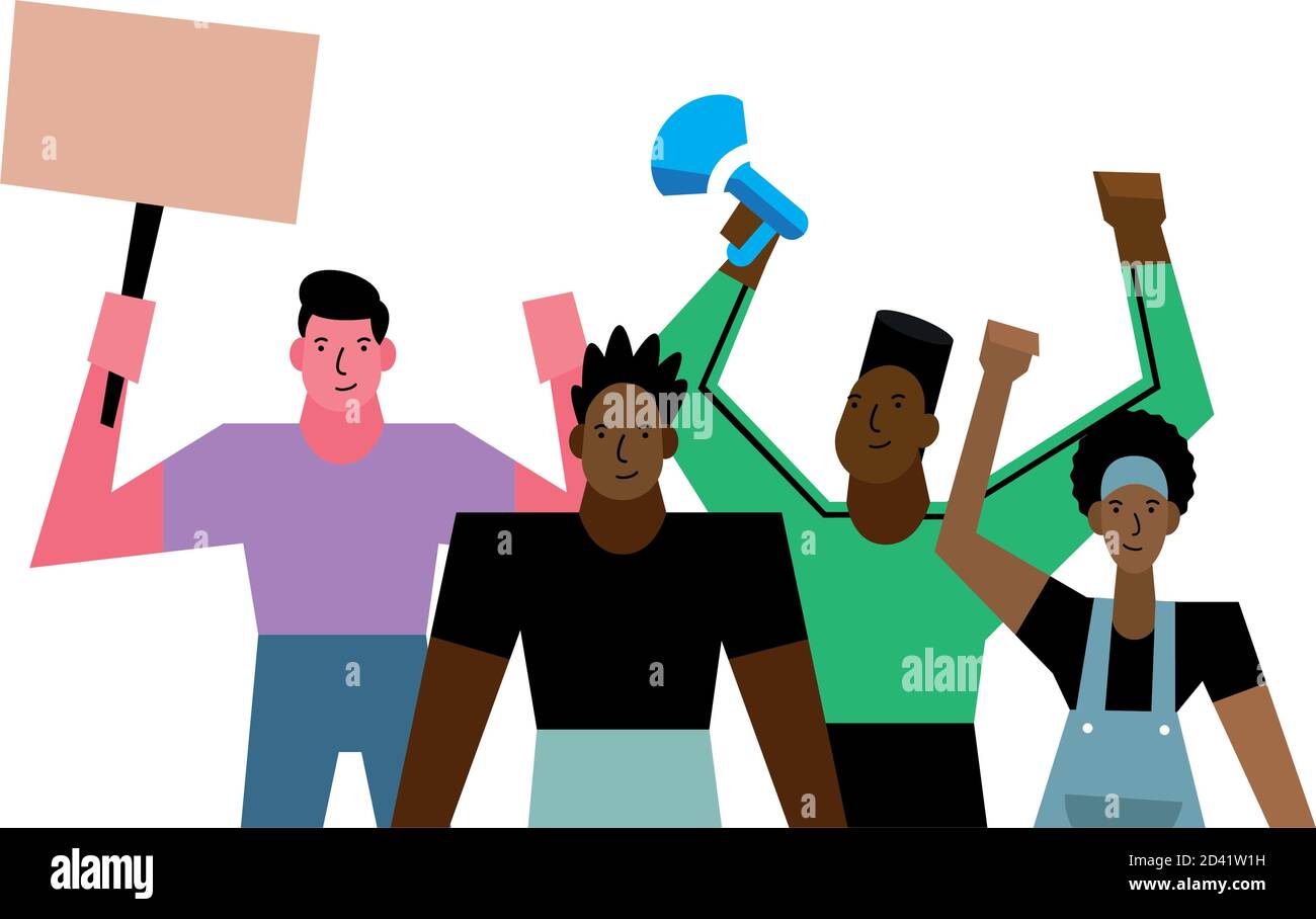 Black lives matter woman and men with banner and megaphone design of ...