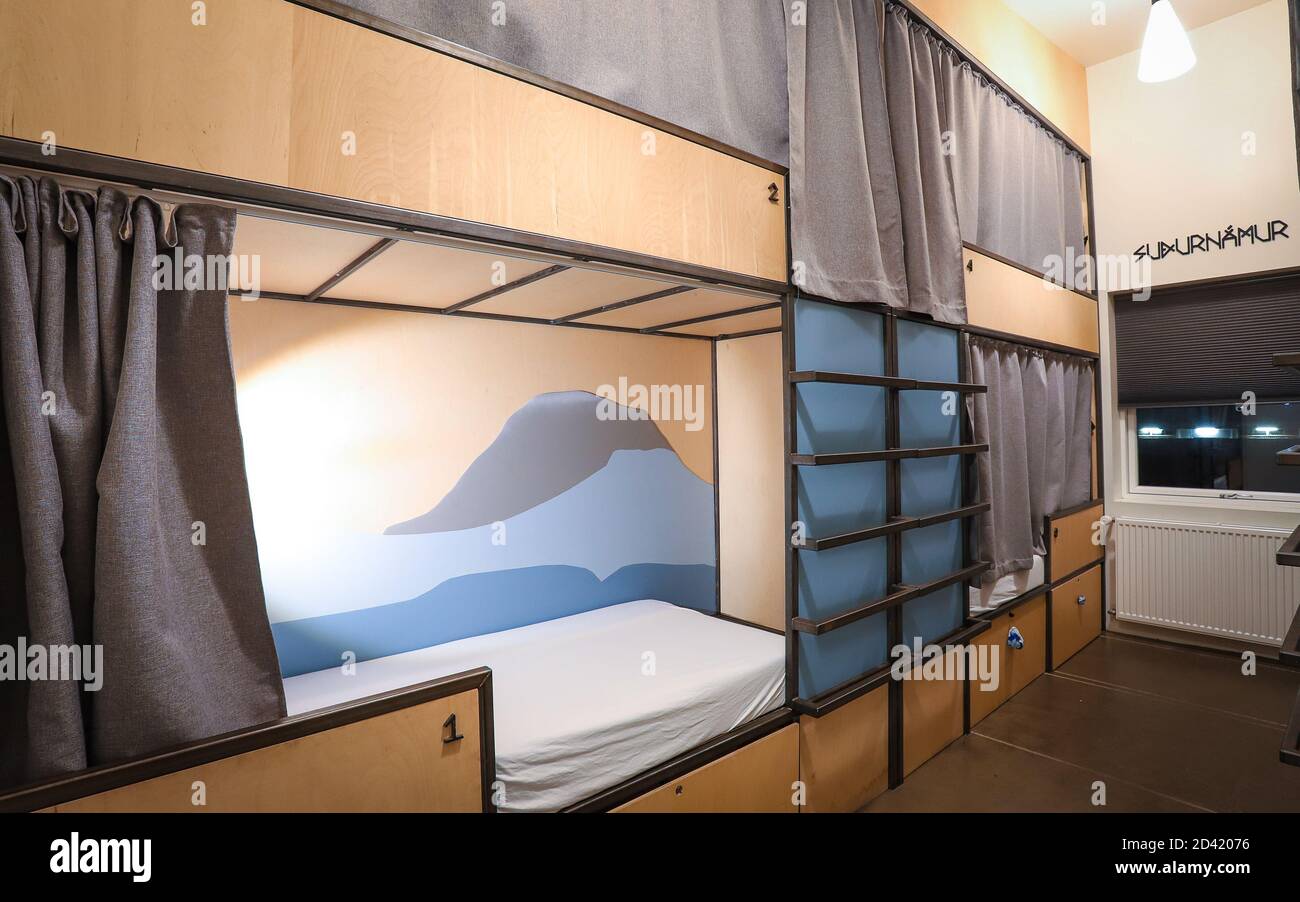 HVOLSVOLLUR, ICELAND - Dec 10, 2018: The beds inside hostel rooms at ...