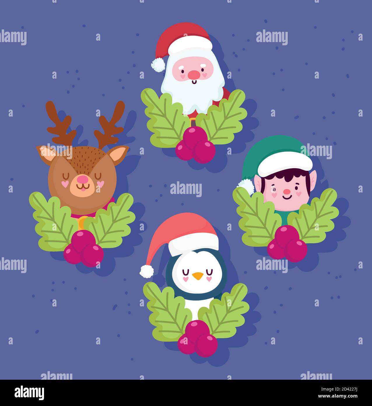 merry christmas, cute santa deer helper penguin with holly berry ...