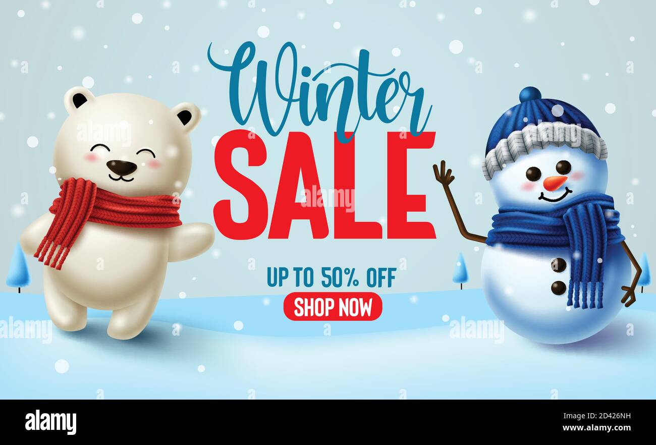 Winter sale vector banner design. Winter sale text with 3d snowman and ...