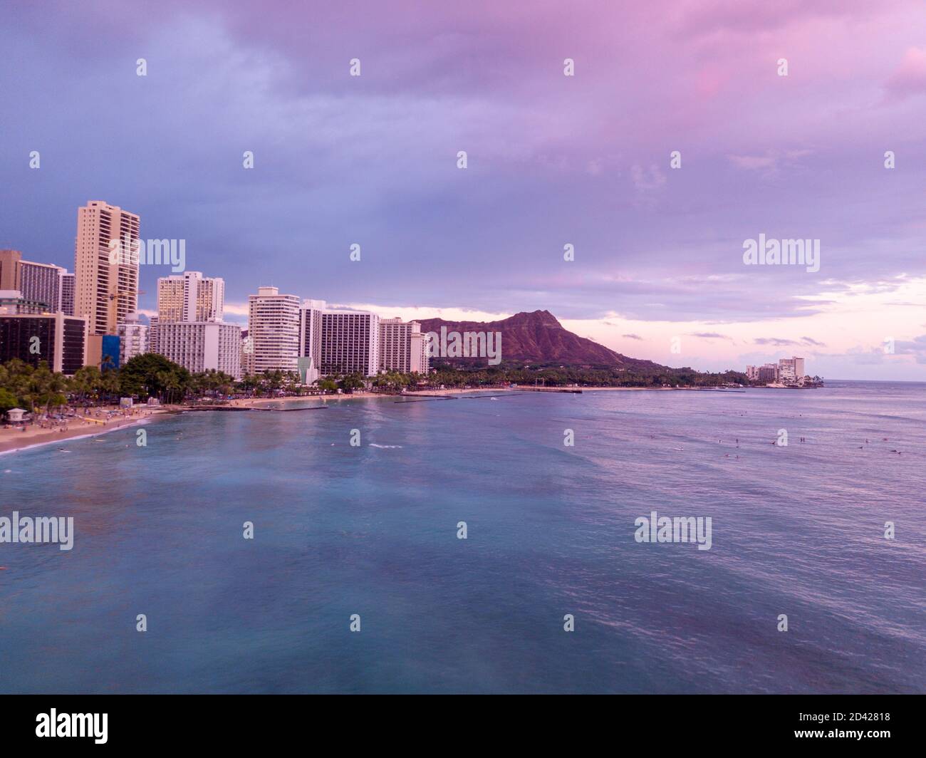 Aerial view from above on the Honolulu city skyline and the Purple ...