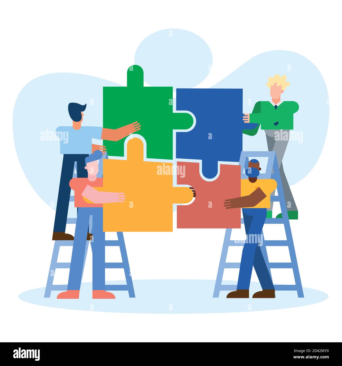 Coworking of men on ladders with puzzles at office design, teamwork ...