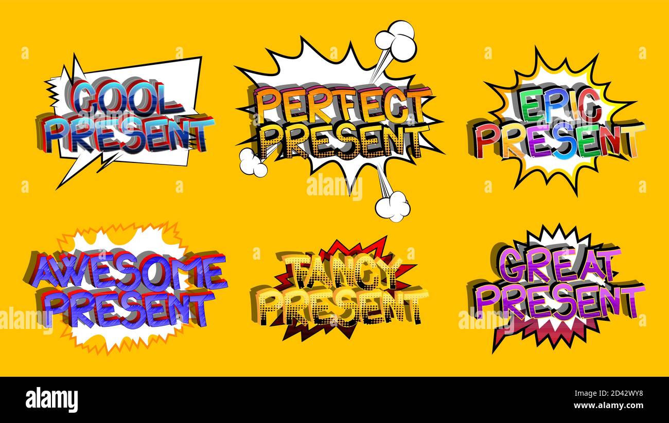 Present Comic book style colorful cartoon words on abstract comics ...