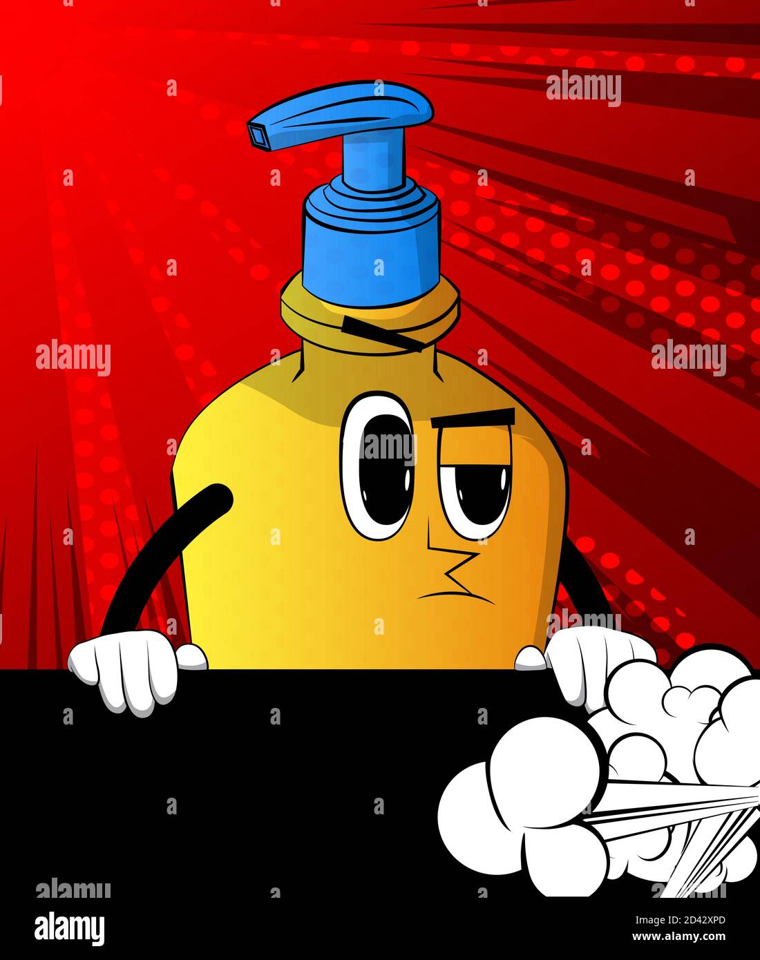 Cartoon bottle of hand sanitizer gel for hygiene with face holding dark ...