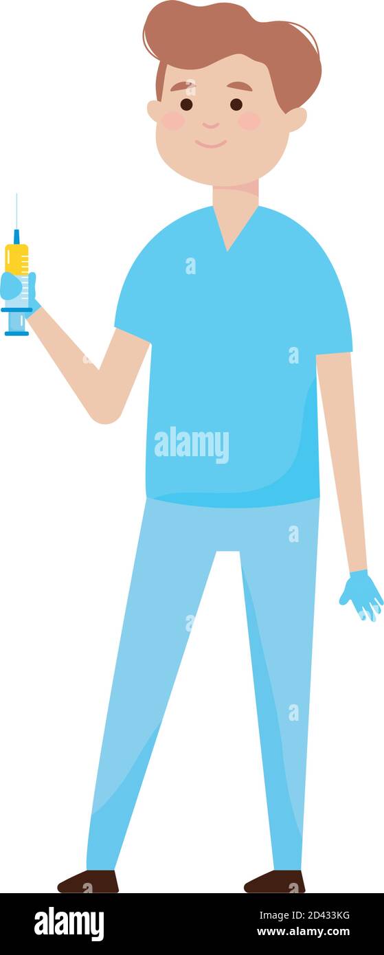 cartoon man standing holding a vaccine over white background, flat ...