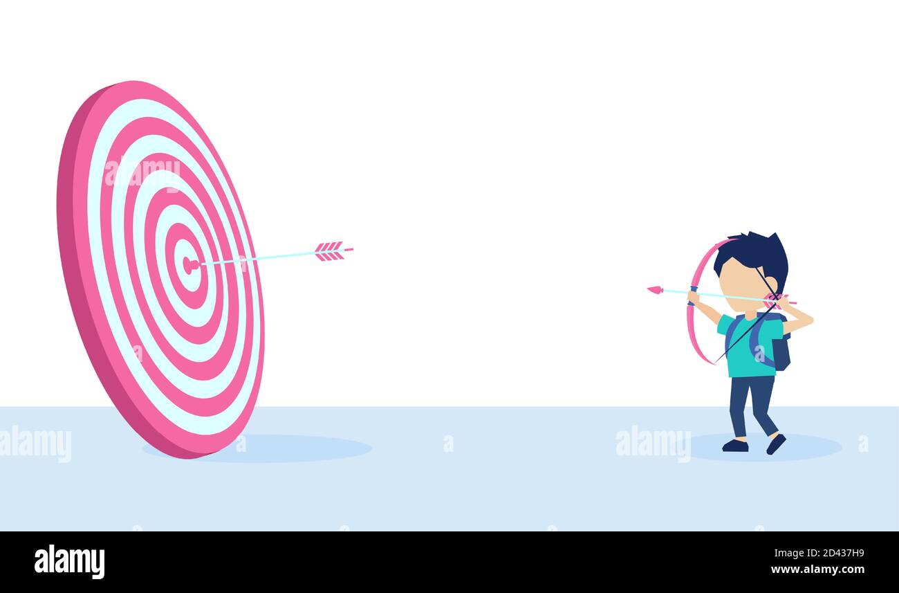 Vector of a little boy with bow and arrow aiming at a target isolated ...