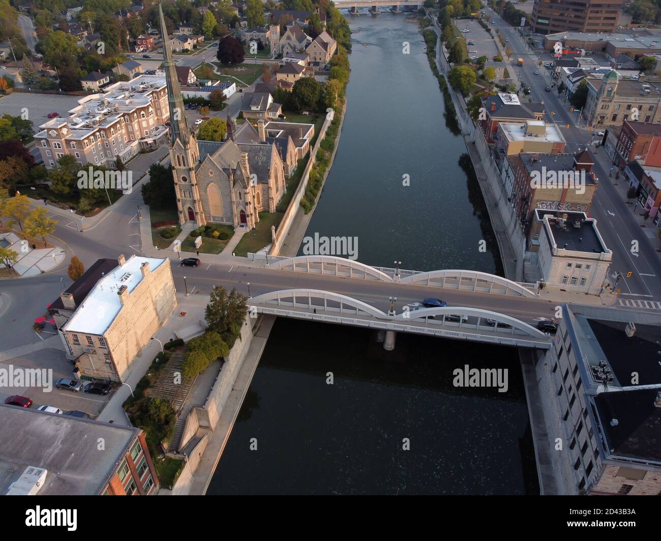 CAMBRIDGE, CANADA - Sep 22, 2020: Aerial and ground shot over the ...