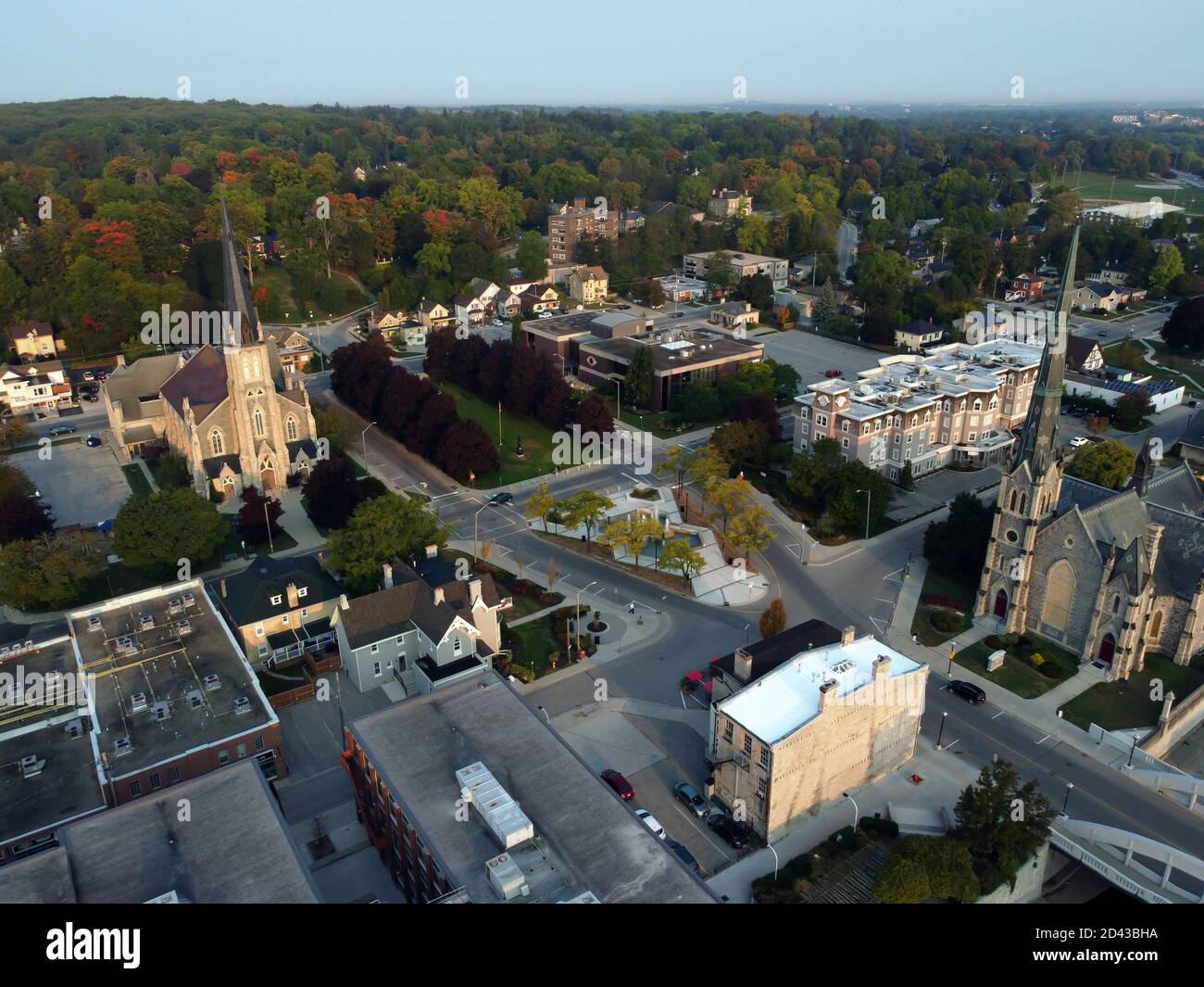 CAMBRIDGE, CANADA - Sep 22, 2020: Aerial and ground shot over the ...