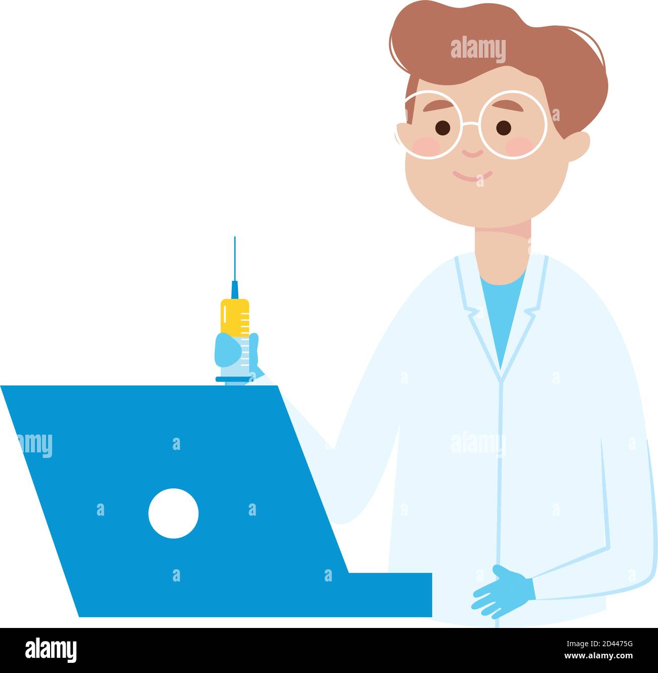 cartoon doctor holding a laptop computer and syringe over white ...