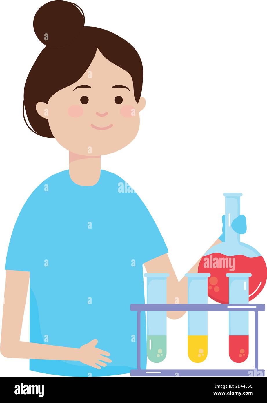 cartoon woman holding a flask bottle and test tubes on stand over white ...