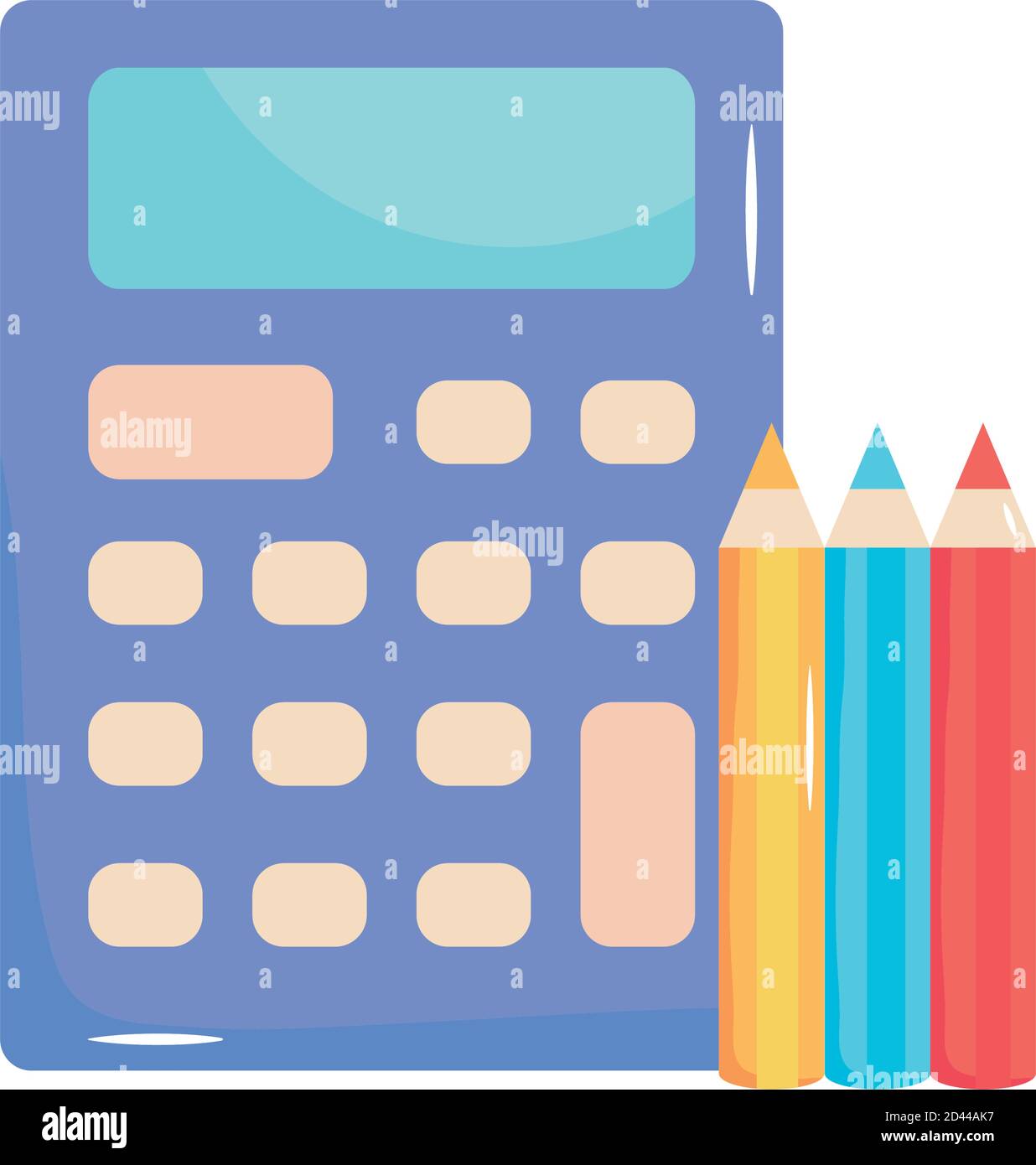 calculator device and colors pencils over white background, flat style ...