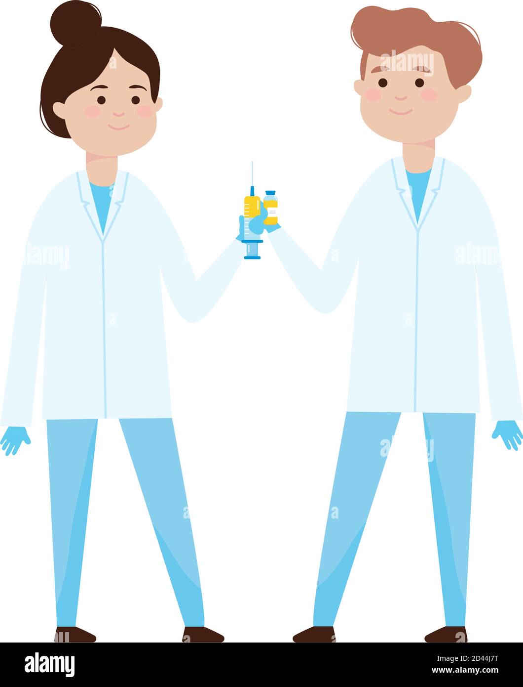 cartoon research doctor woman and man holding a vaccine and syringe ...