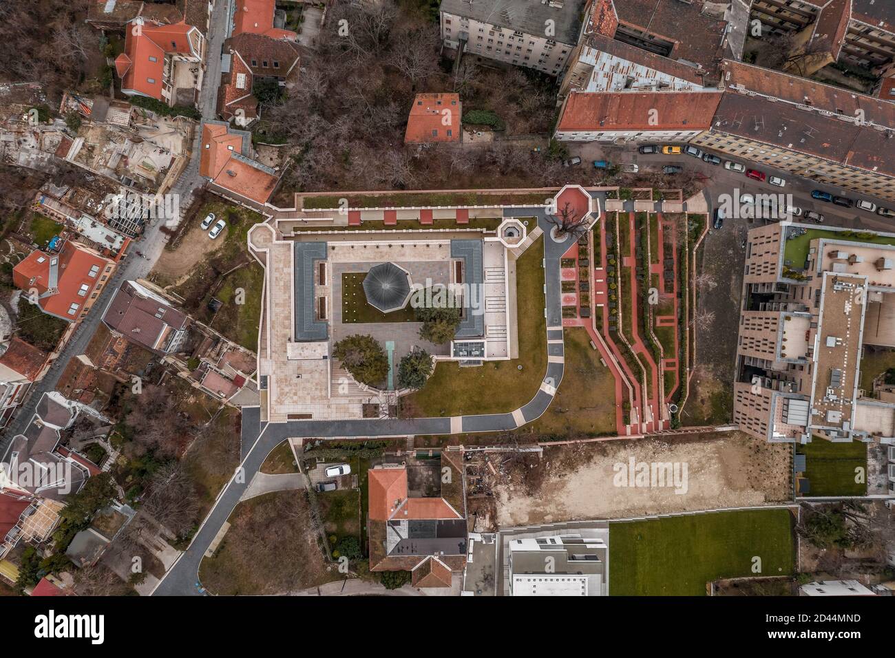 Aerial overhead drone shot of Tomb of Gul Baba at Budapest winter dawn ...