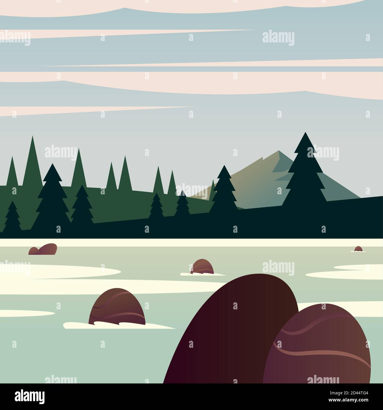 Landscape of river in front of pine trees design, nature and outdoor ...