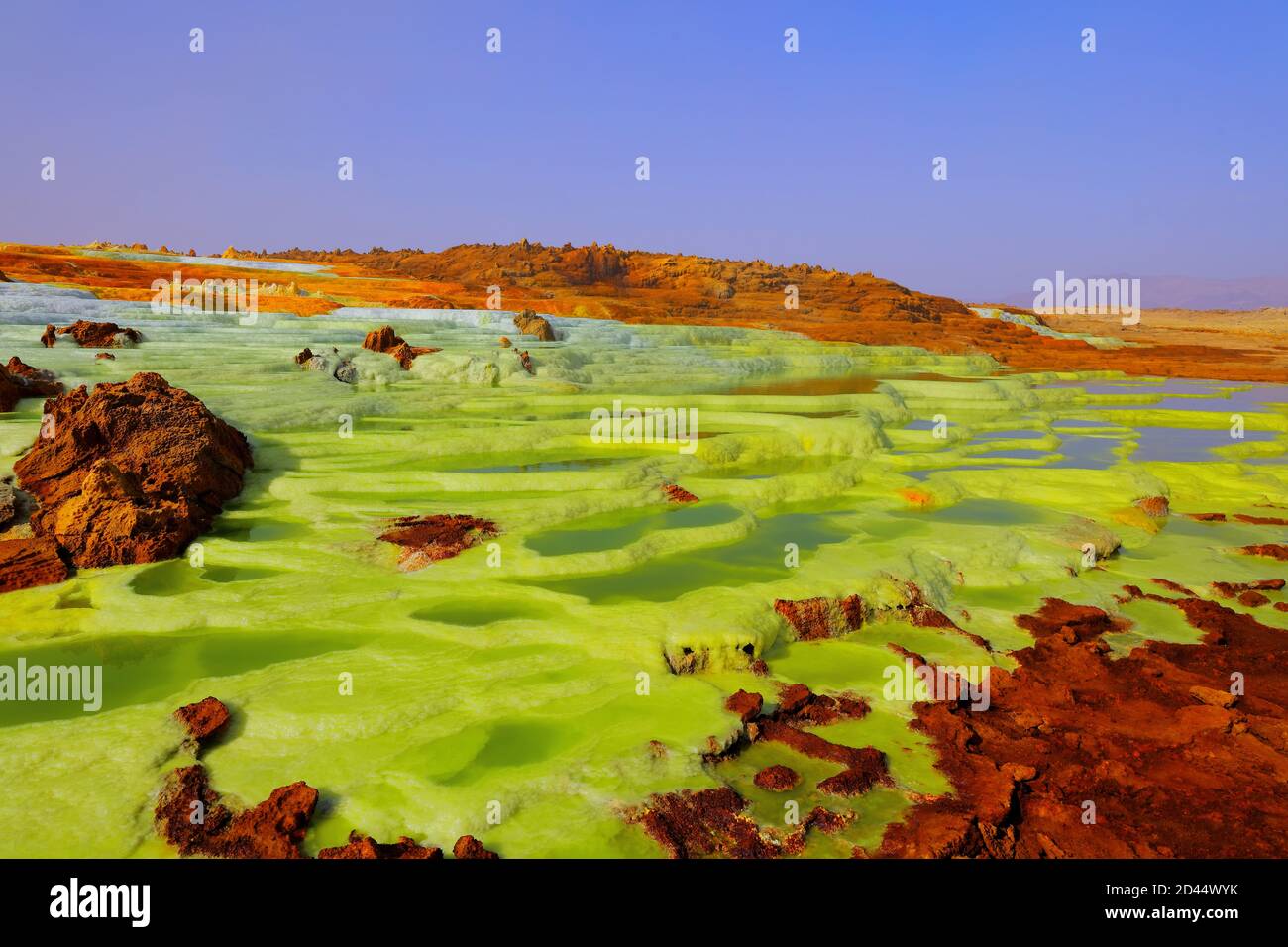Terraced pools of sulfuric acid glow an irridescent green owing to ...