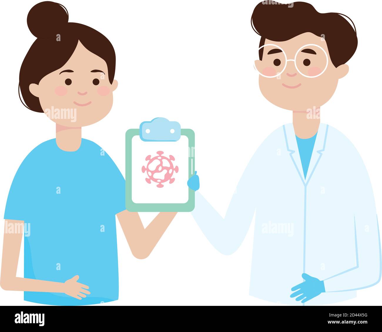cartoon doctor holding a medical report and cartoon woman over white ...