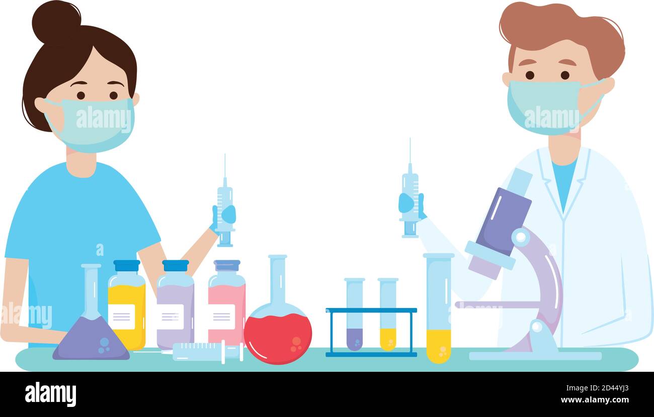 cartoon woman and research doctor with chemical flasks and microscope ...