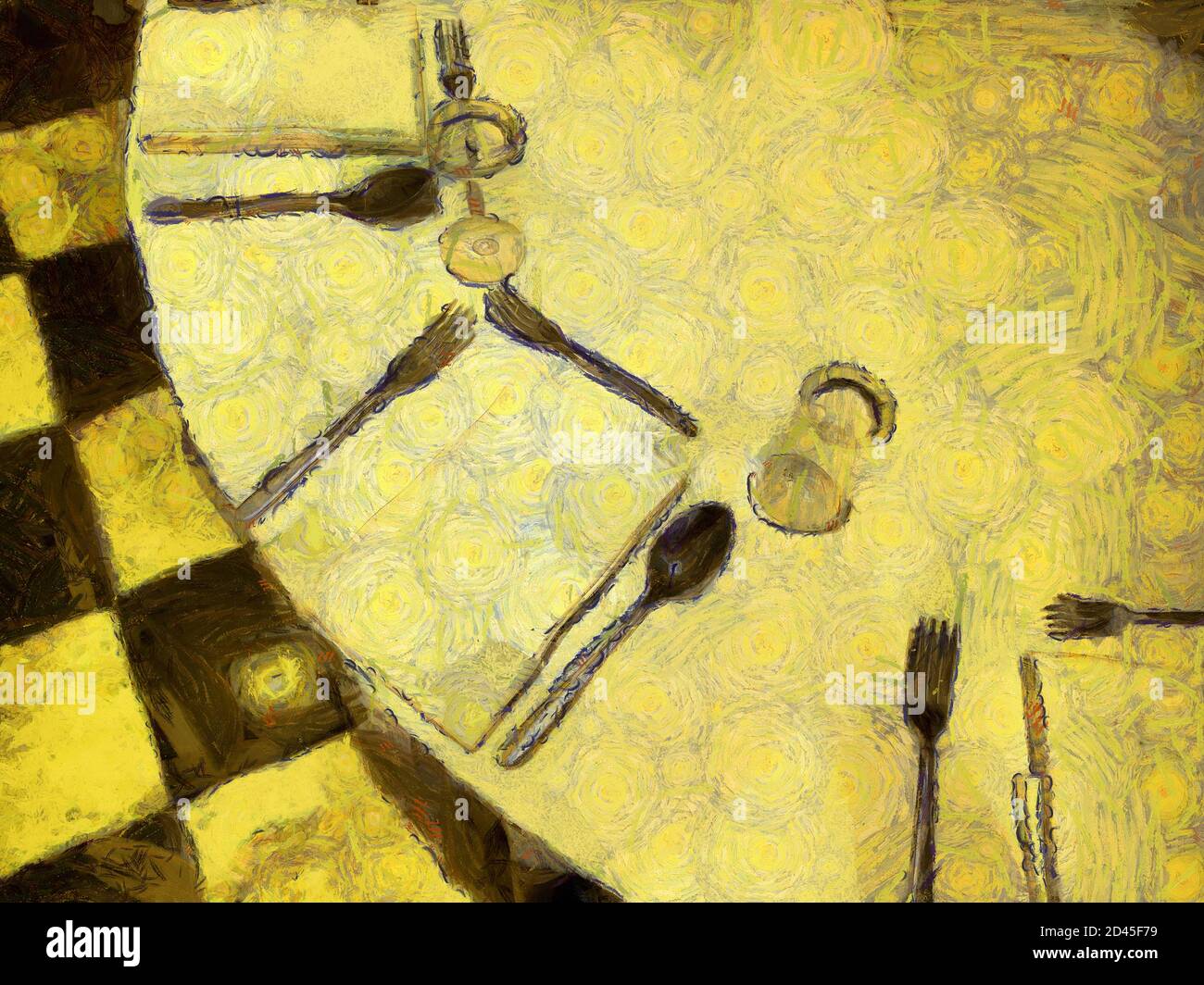 Dining table and plate set Illustrations creates an impressionist style ...