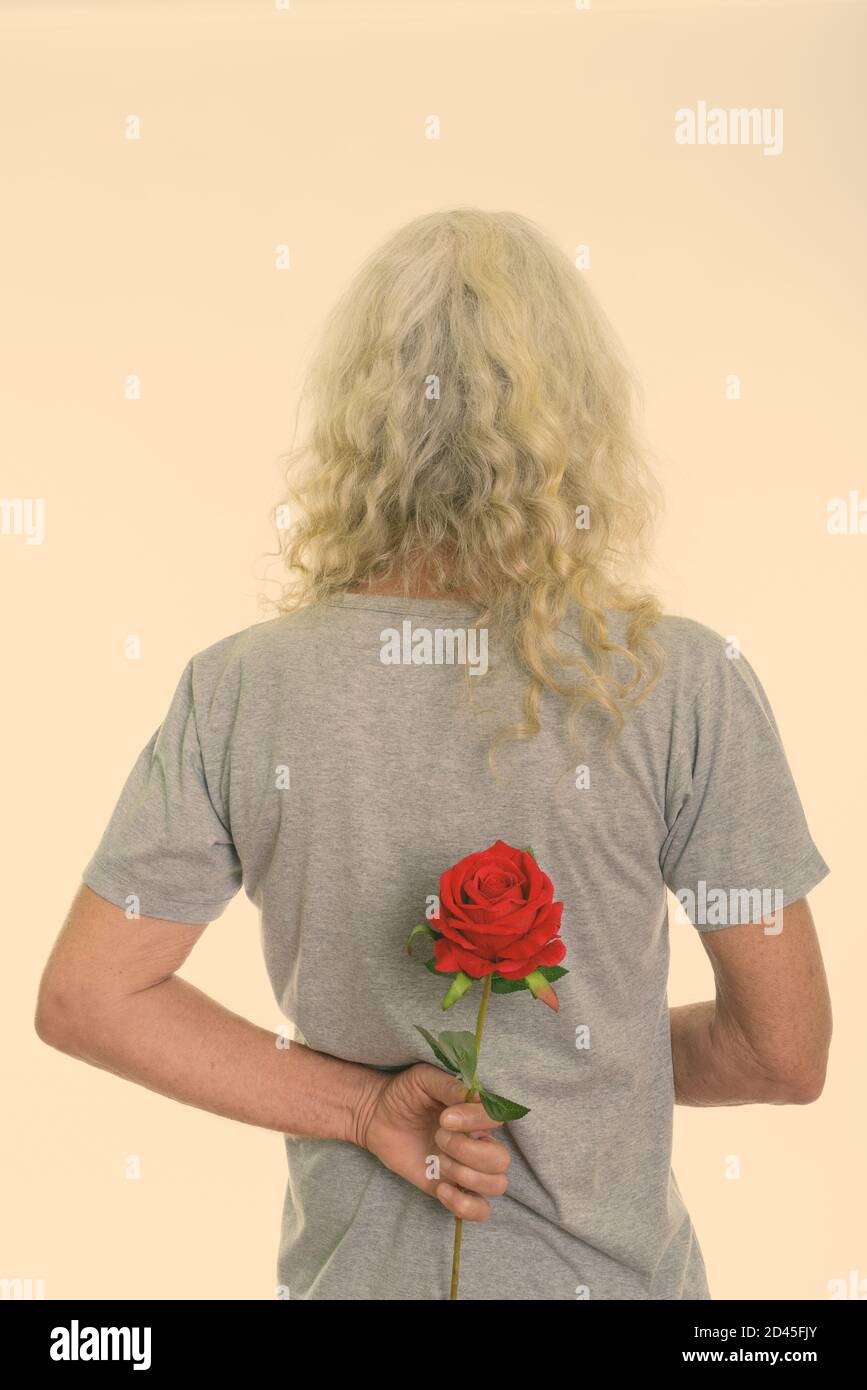 Back view of senior bearded man hiding red rose behind back ready for ...