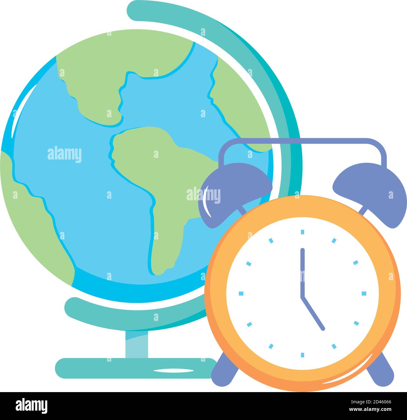 alarm clock and geography tool icon over white background, flat style ...