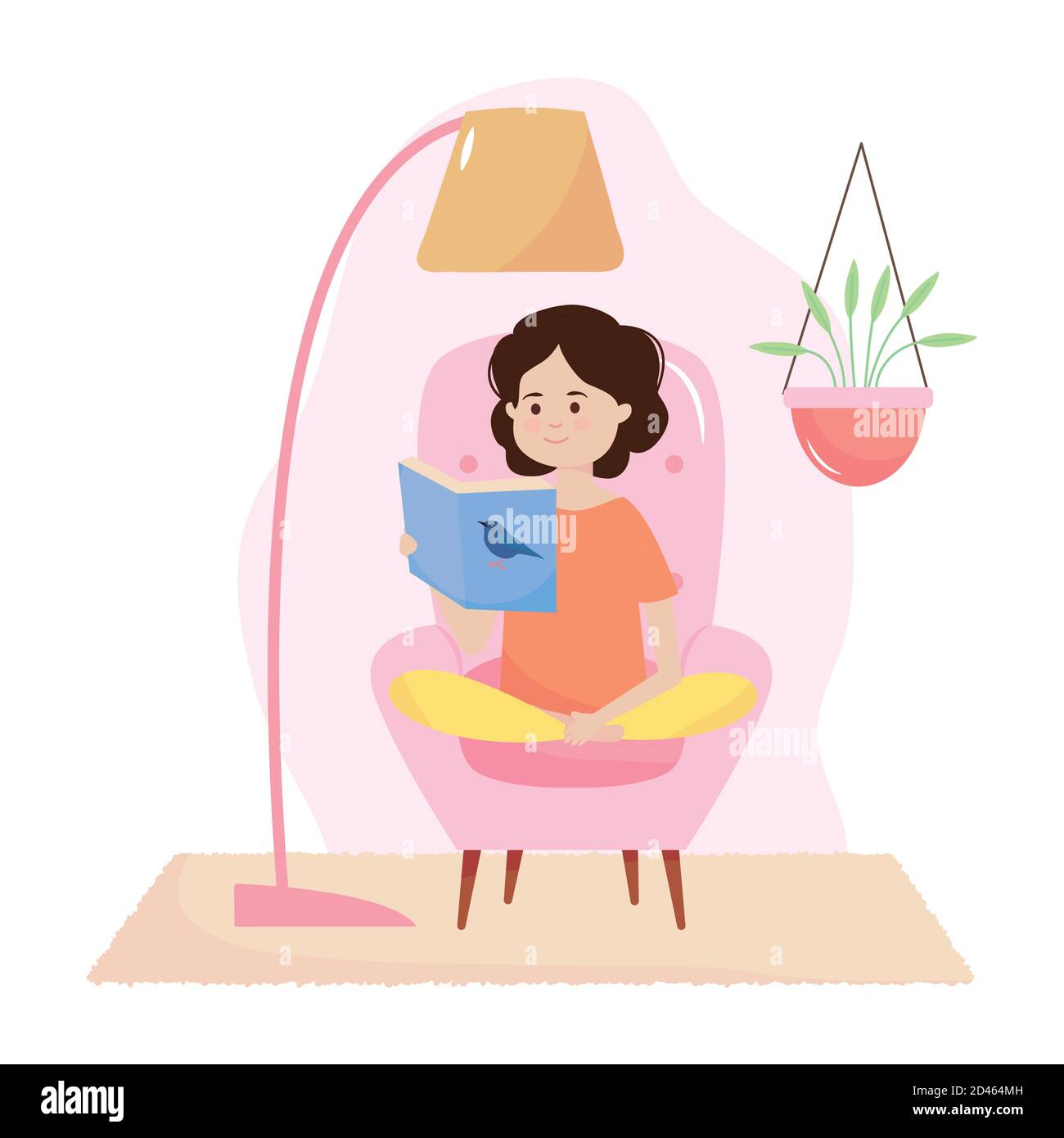 stay safe concept, cartoon girl sitting reading a book over white ...