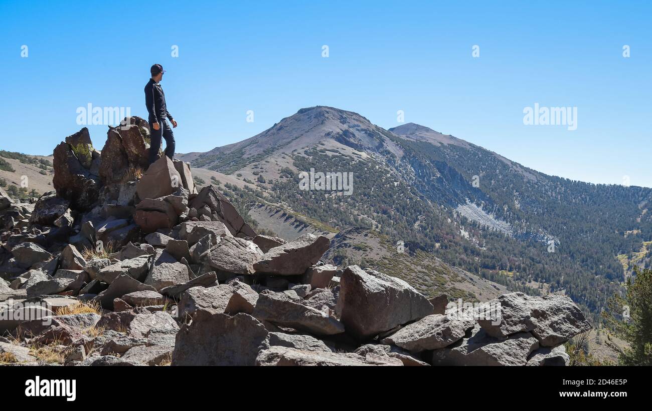 MT. ROSE, NEVADA, UNITED STATES - Sep 27, 2020: A solo male hiker ...