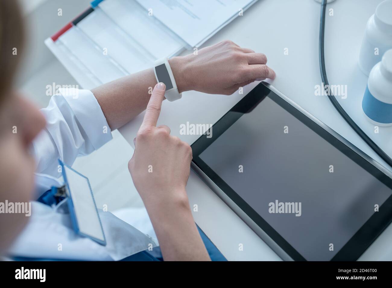 Close up of human hand pressing the touchpad of smartwatch Stock Photo ...