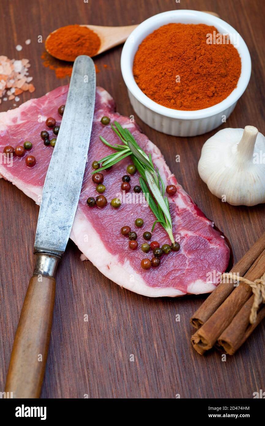 raw uncooked ribeye beef steak butcher selection Stock Photo - Alamy