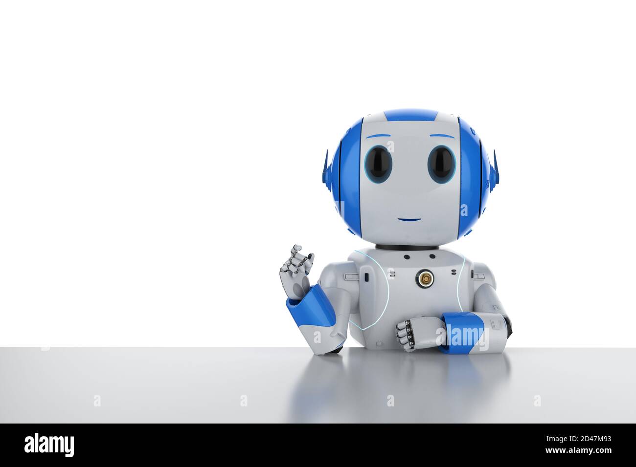 3d rendering friendly robot think or compute on desk Stock Photo - Alamy