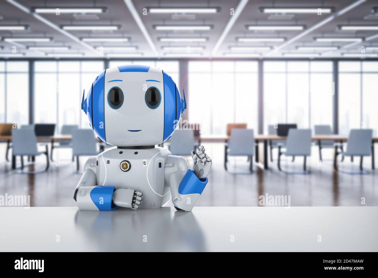 3d rendering friendly robot sit on desk in office or workspace Stock ...