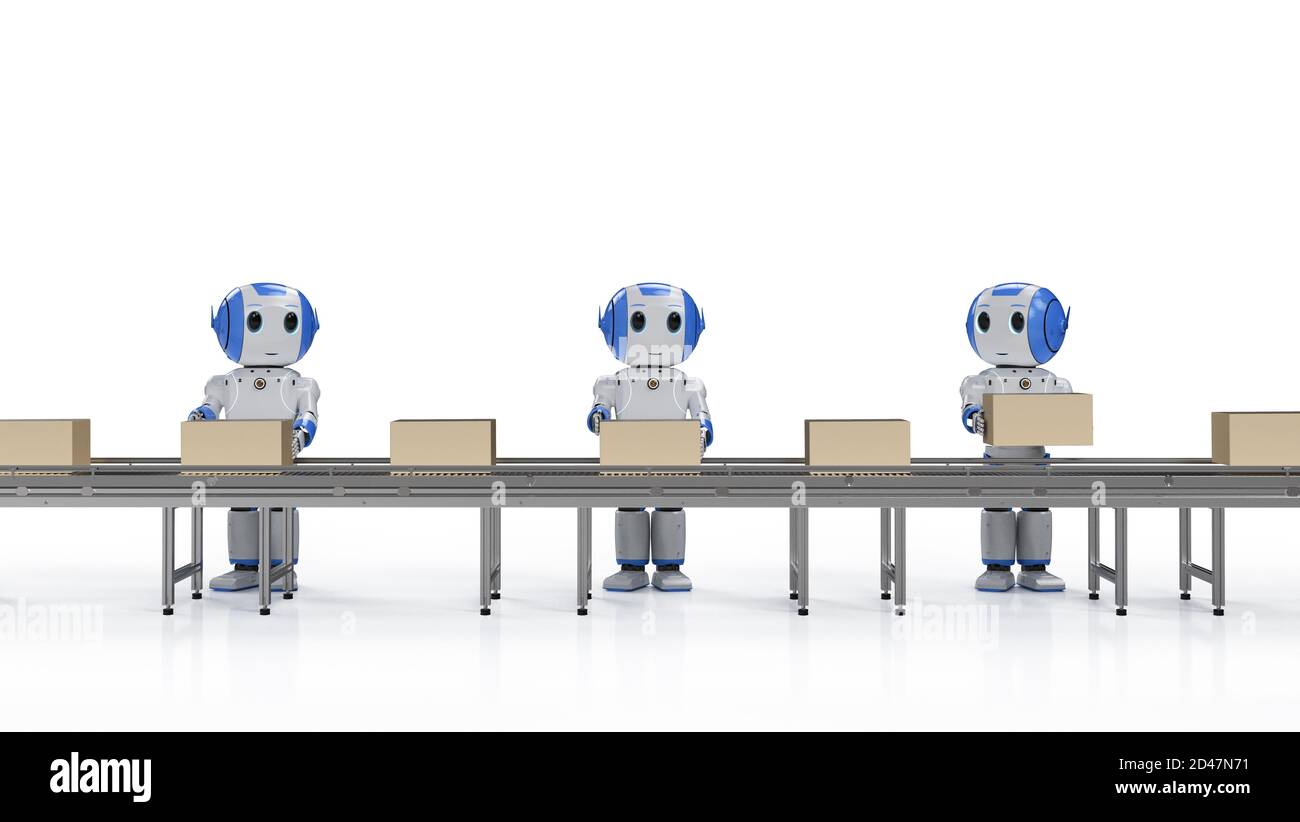 Automation factory concept with 3d rendering robot with boxes on ...