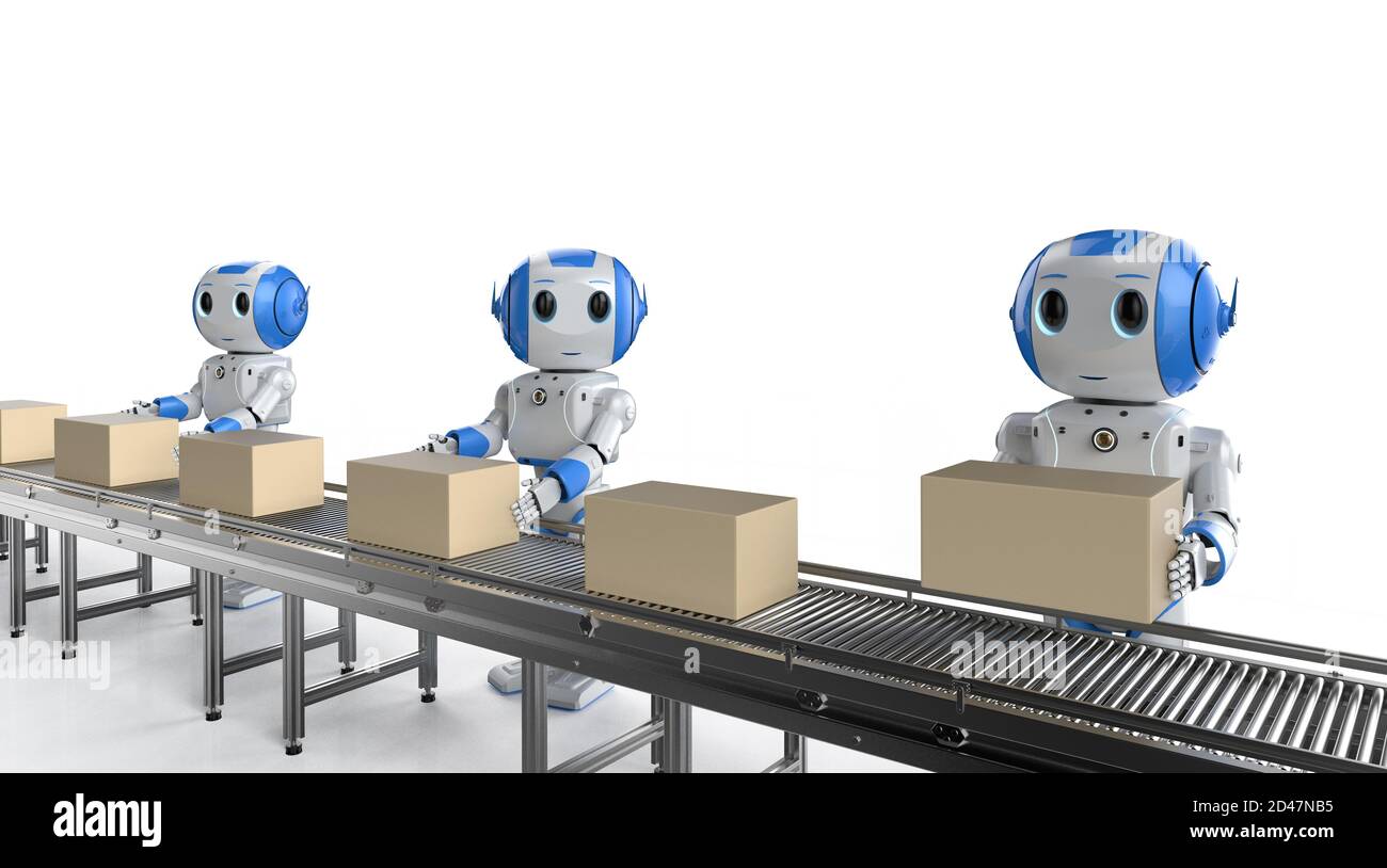 Automation factory concept with 3d rendering robot with boxes on ...