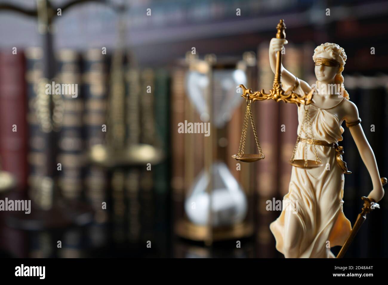 Law and justice concept. Gavel of the jugde, Themis sculpture and scale ...