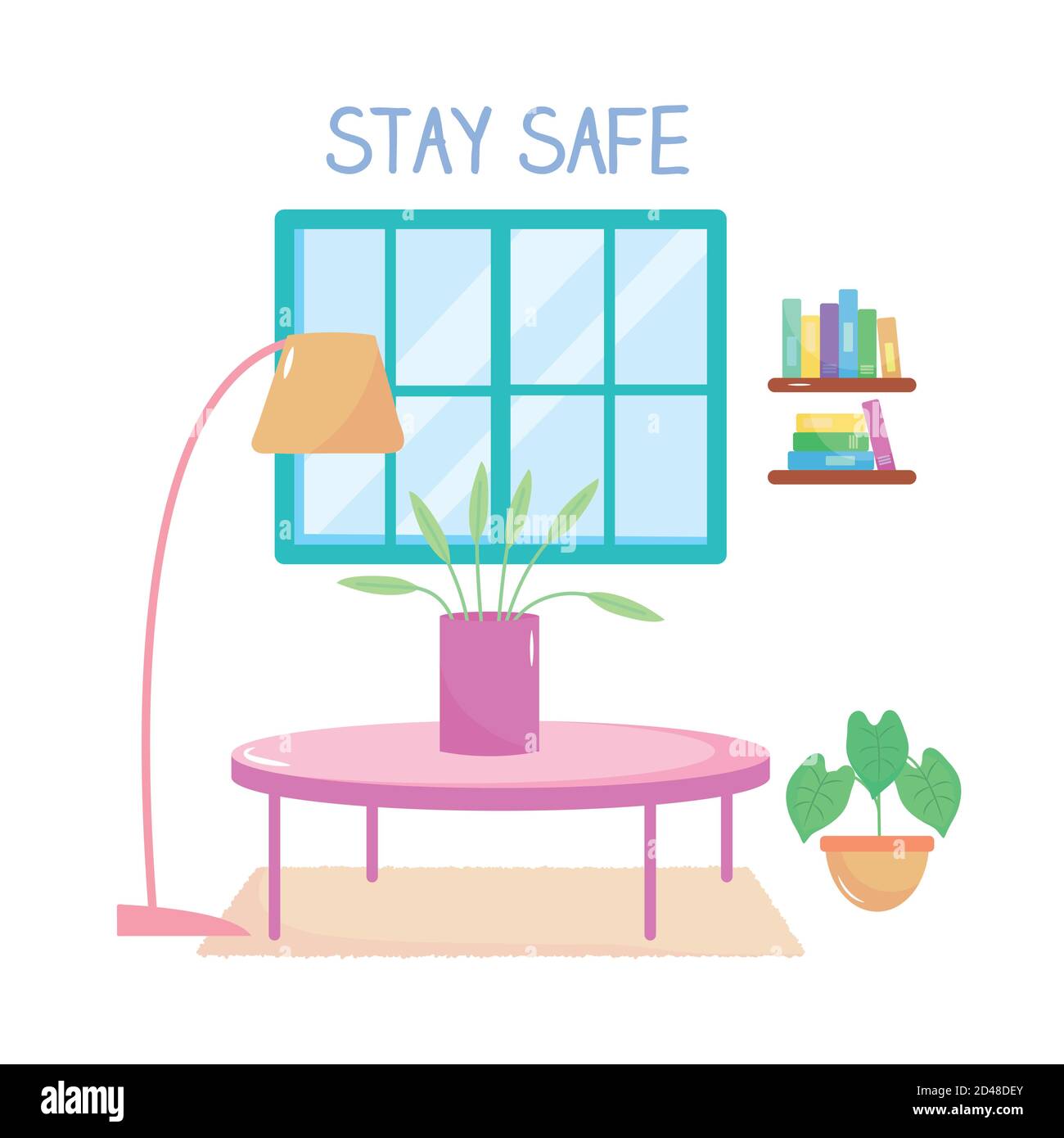 stay safe concept, house living room with plants and books shelves over ...