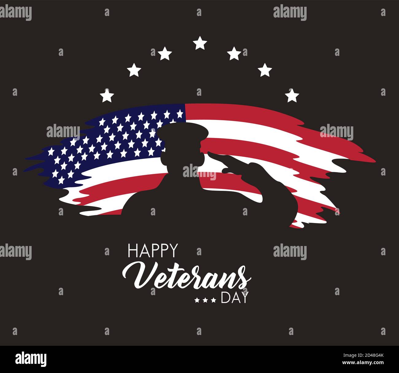 happy veterans day lettering with usa flag and saluting soldier vector ...