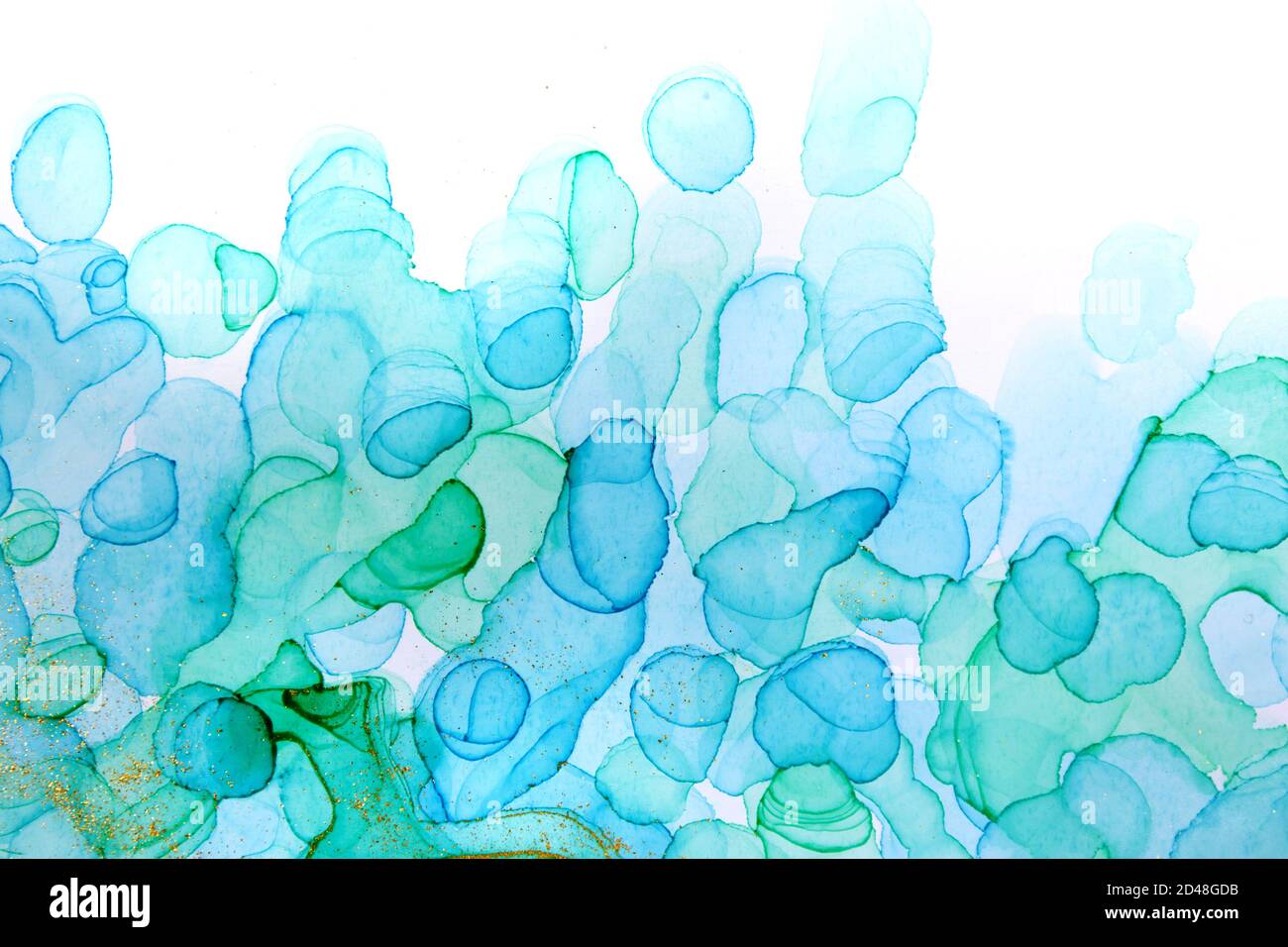 Transparent blue and gold watercolor drops on white background. Bubbles ...