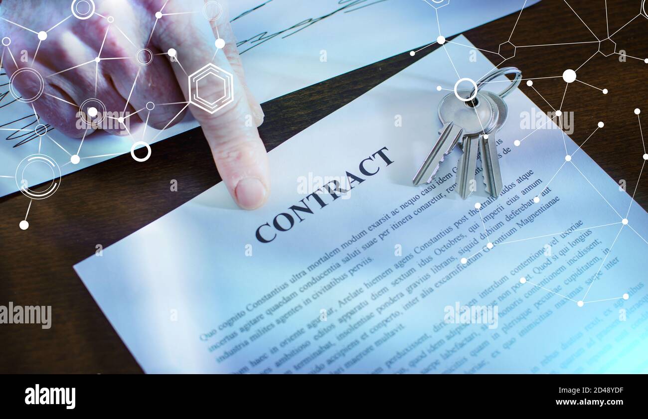 Realtor showing a contract with his finger; light effect Stock Photo ...