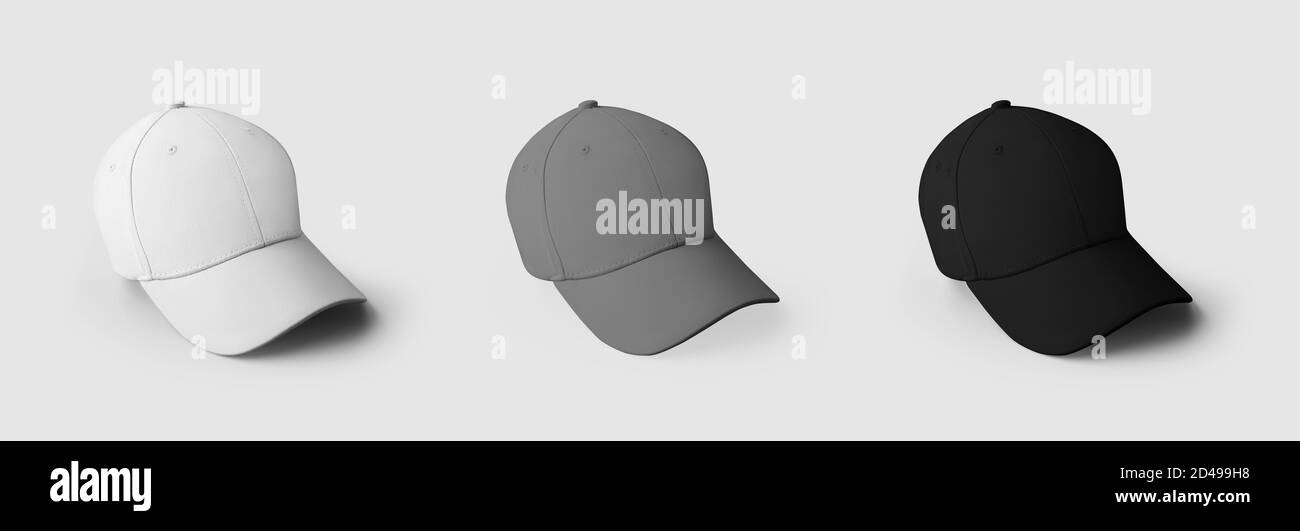 White, gray, black cap mockup isolated on background, side view, panama ...