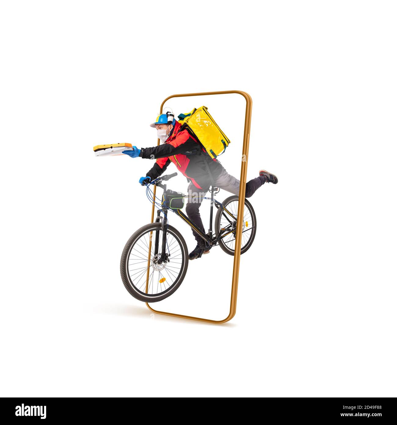 Pizza time. Handsome delivery man giving order right from smartphone's ...