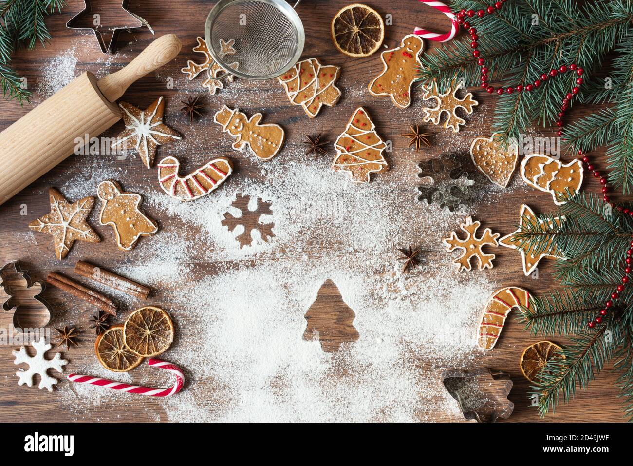 Christmas homemade gingerbread cookies on wooden background top view ...