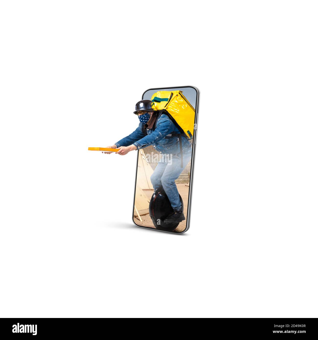 Pizza time. Handsome delivery man giving order right from smartphone's ...