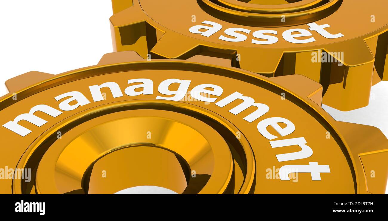 Asset management word on golden gears, 3d rendering Stock Photo - Alamy