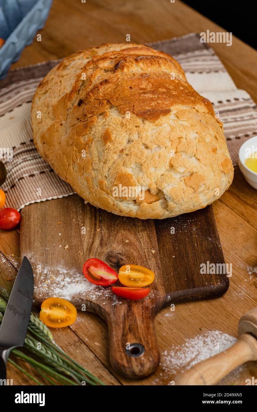 Bakery - gold rustic crusty loaves of bread. Still life captured from ...