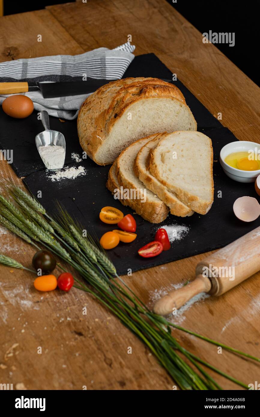 Bakery - gold rustic crusty loaves of bread. Still life captured from ...