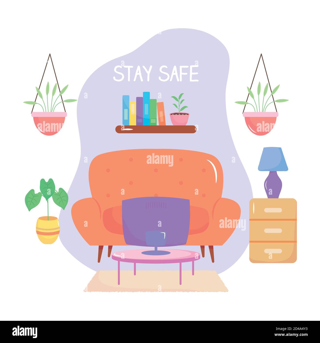 stay safe concept, house living room with decorative plants over white ...