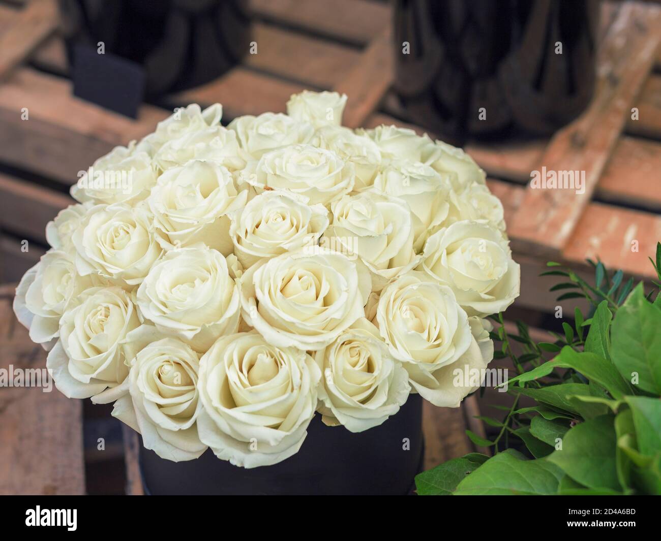 top view of group of white romantic roses into a black container on ...