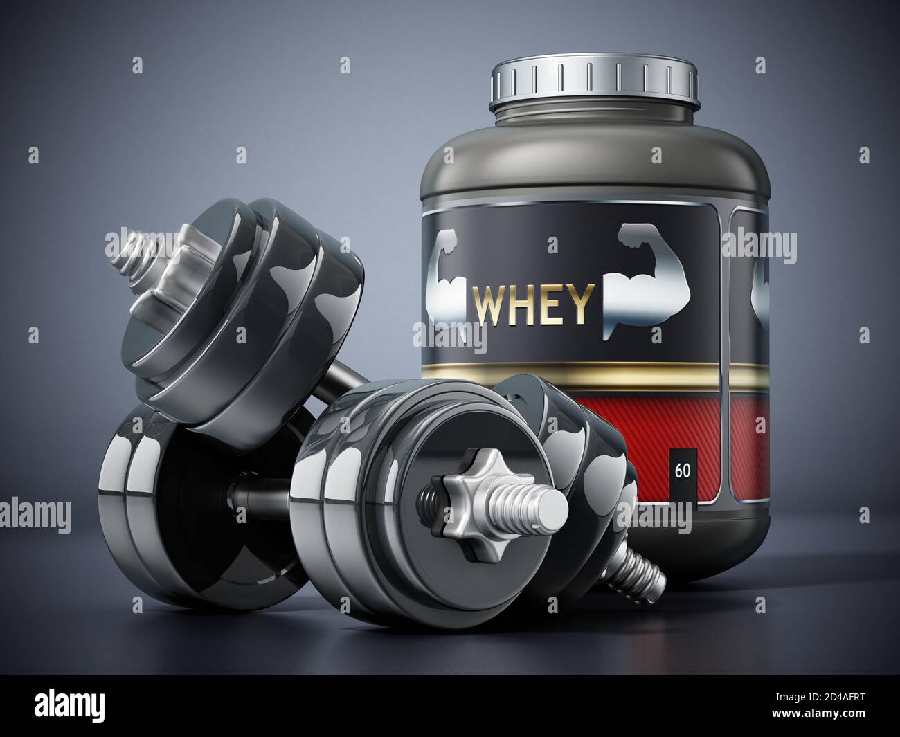 Whey protein powders and dumbells standing on black background. 3D ...