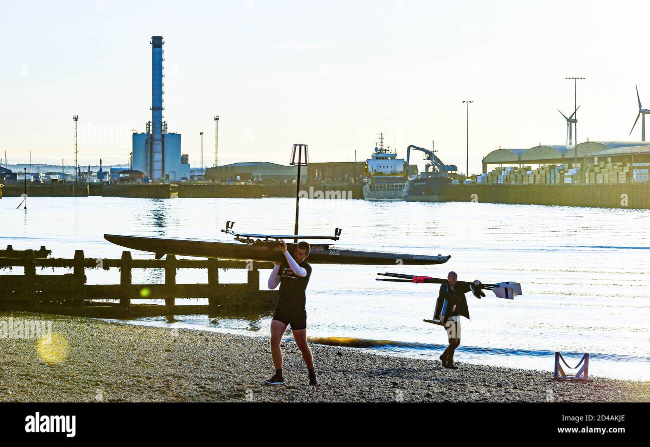 Brighton UK 9th October 2020 - Rowers from Shoreham Rowing Club pack up ...